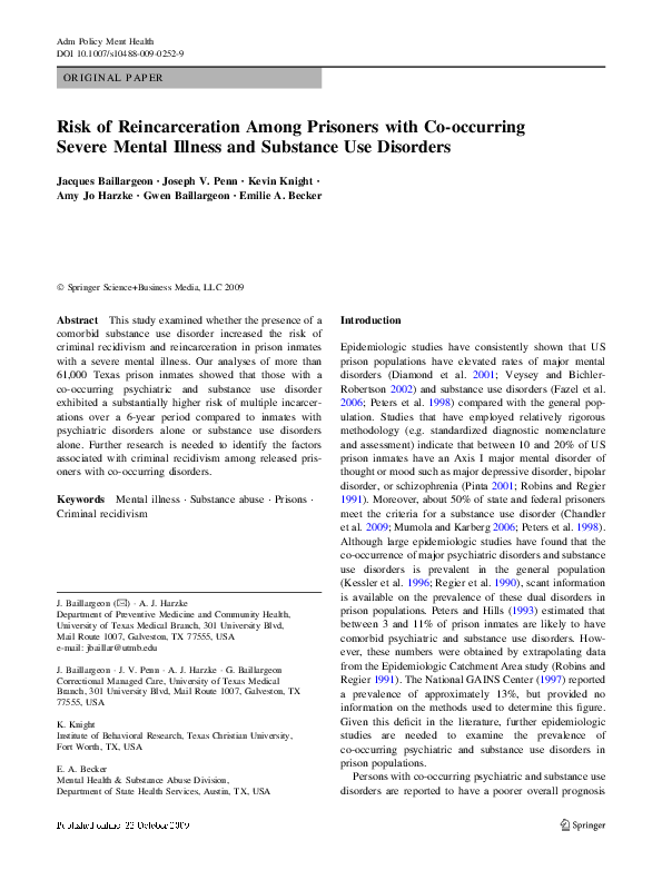 (PDF) Risk of Reincarceration Among Prisoners with Co-occurring Severe ...