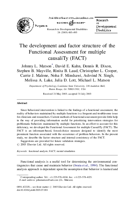 Pdf The Development And Factor Structure Of The Functional Assessment For Multiple Causality