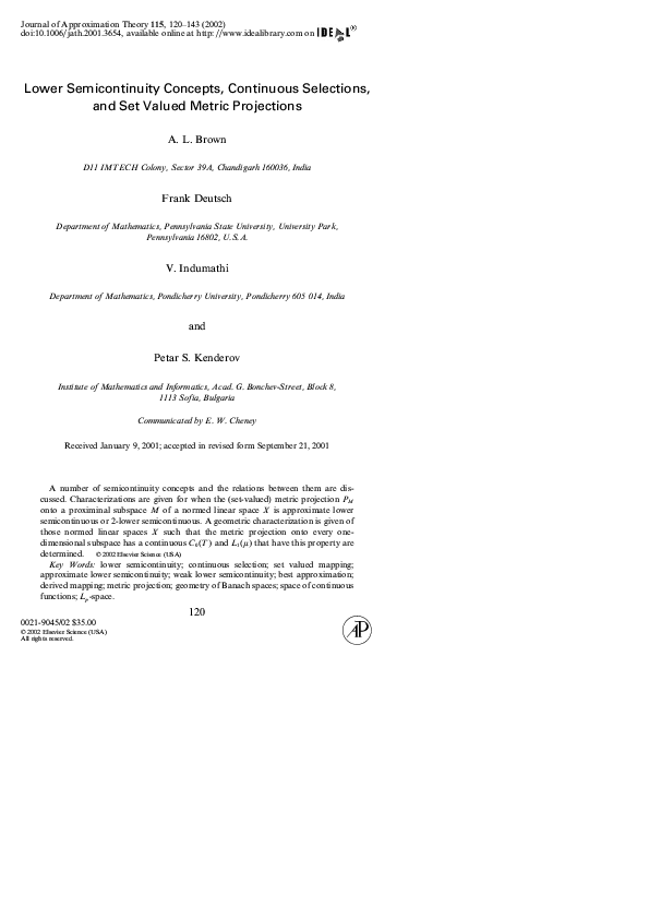 (PDF) Lower Semicontinuity Concepts, Continuous Selections, and Set Valued Metric Projections