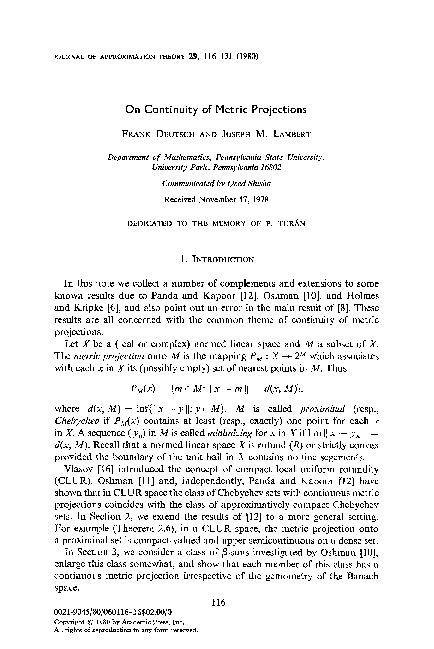 Pdf On Continuity Of Metric Projections