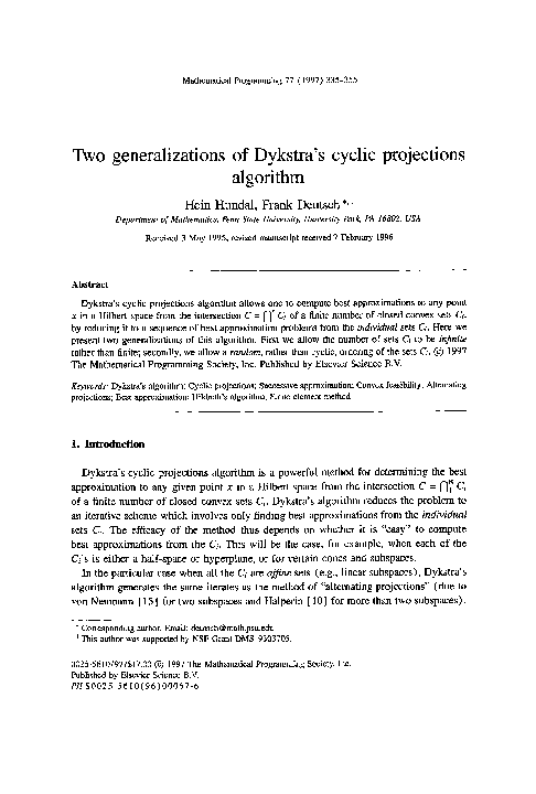 Pdf Two Generalizations Of Dykstra S Cyclic Projections Algorithm Hein Hundal And Frank