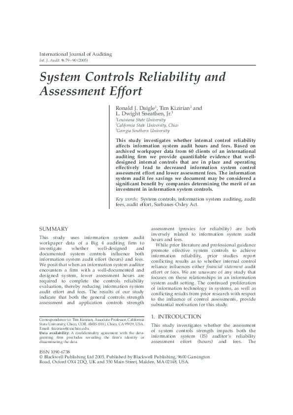(PDF) System Controls Reliability and Assessment Effort | Ronald Daigle ...