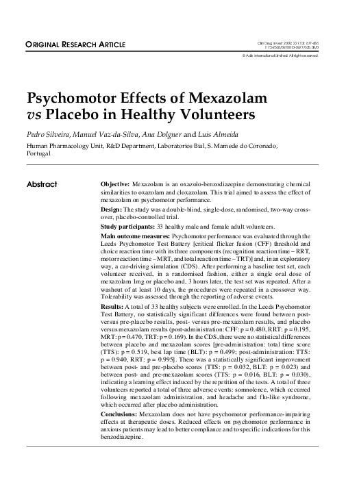 (PDF) Psychomotor Effects of Mexazolam vs Placebo in Healthy Volunteers