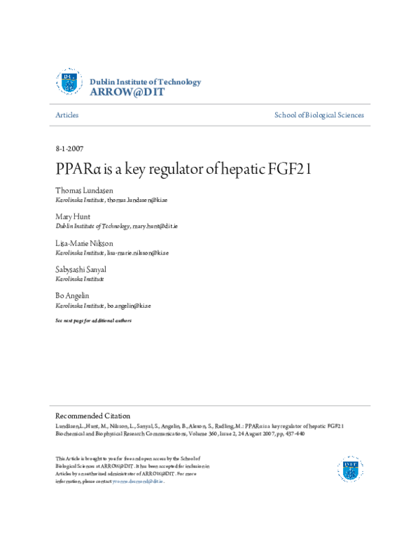 (PDF) PPARα is a key regulator of hepatic FGF21