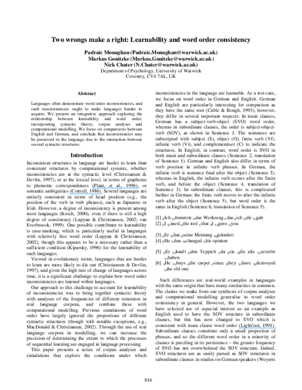 (PDF) Two wrongs make a right: Learnability and word order consistency
