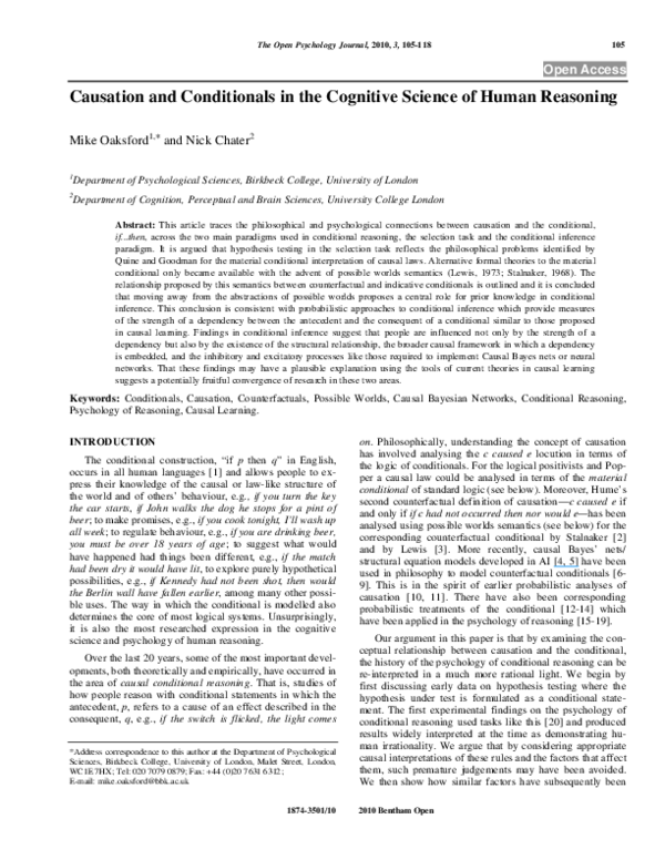 (PDF) Causation and Conditionals in the Cognitive Science of Human Reasoning