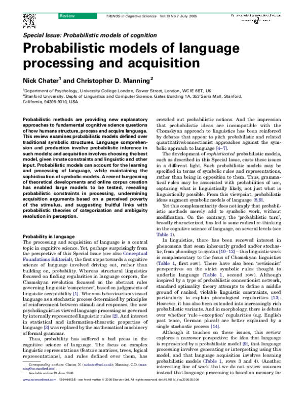 (PDF) Probabilistic models of language processing and acquisition