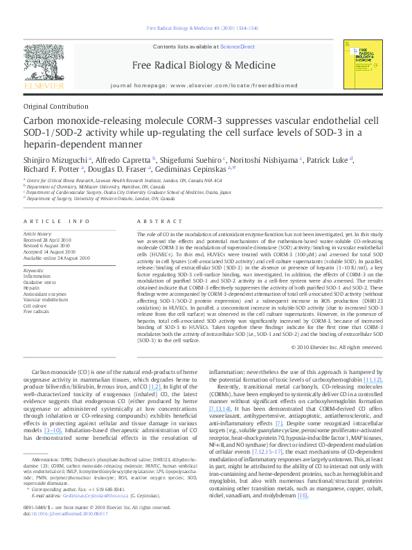 (PDF) Carbon monoxide-releasing molecule CORM-3 suppresses vascular ...