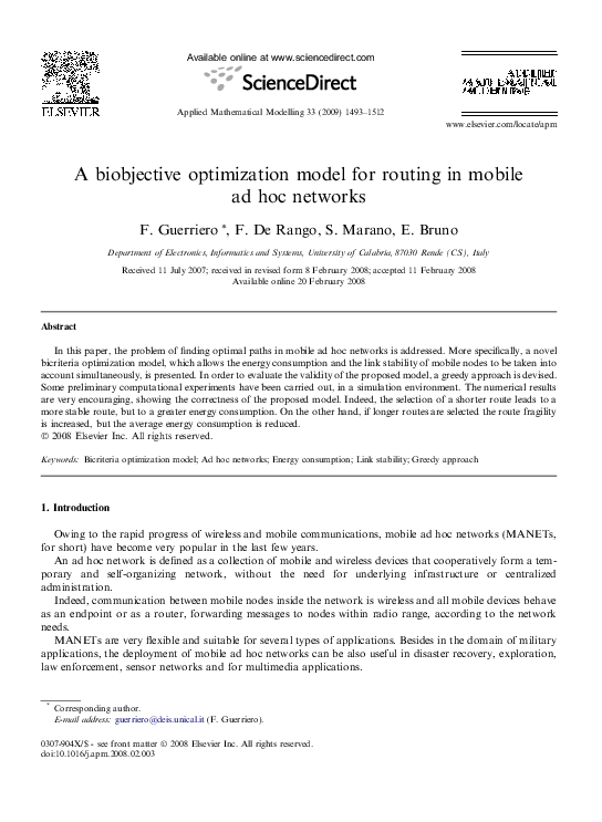 (PDF) A biobjective optimization model for routing in mobile ad hoc networks