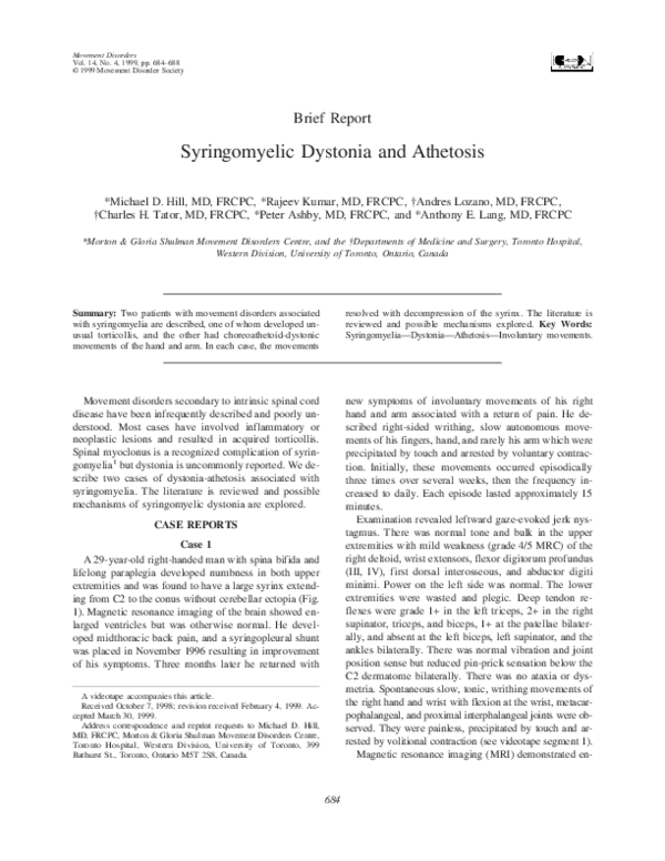 (PDF) Syringomyelic dystonia and athetosis