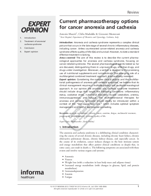 (PDF) Current pharmacotherapy options for cancer anorexia and cachexia