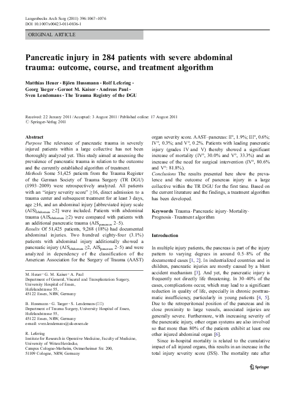 (PDF) Pancreatic injury in 284 patients with severe abdominal trauma ...