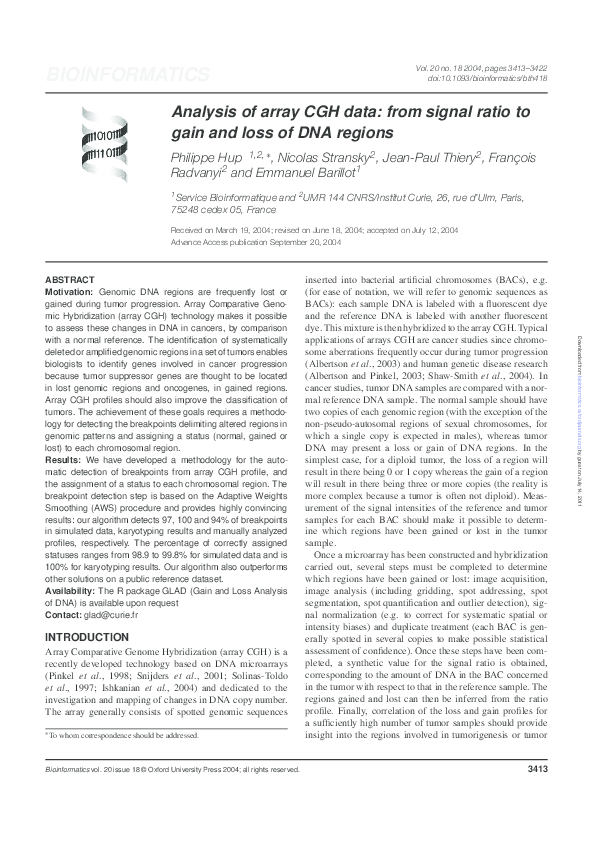 Pdf Analysis Of Array Cgh Data From Signal Ratio To Gain And Loss Of Dna Regions