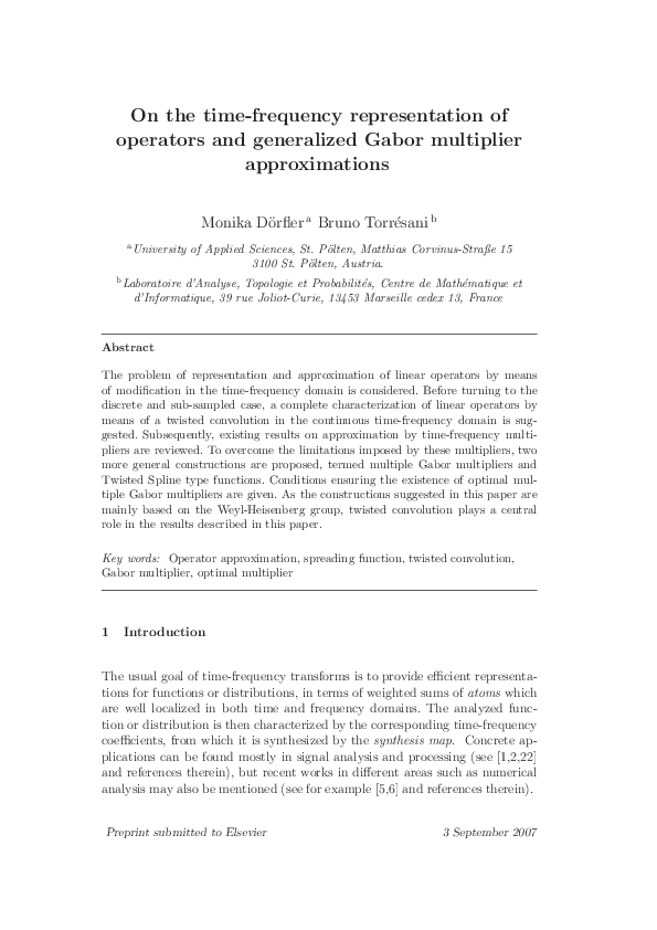 (PDF) On the Time-Frequency Representation of Operators and Generalized Gabor Multiplier ...