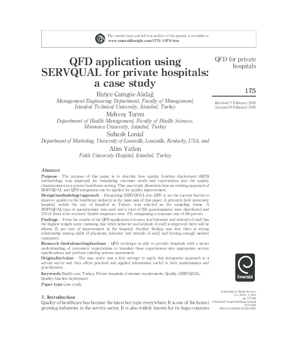 (PDF) QFD application using SERVQUAL for private hospitals: a case study