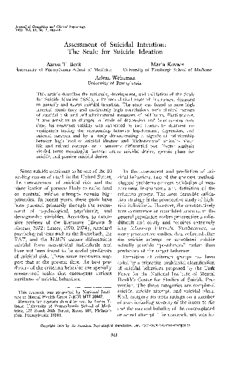 (PDF) Assessment of suicidal intention: The Scale for Suicide Ideation