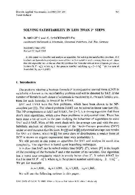 (PDF) Solving satisfiability in less than 2n steps