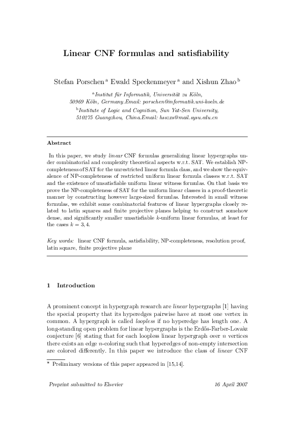 (PDF) Linear CNF formulas and satisfiability