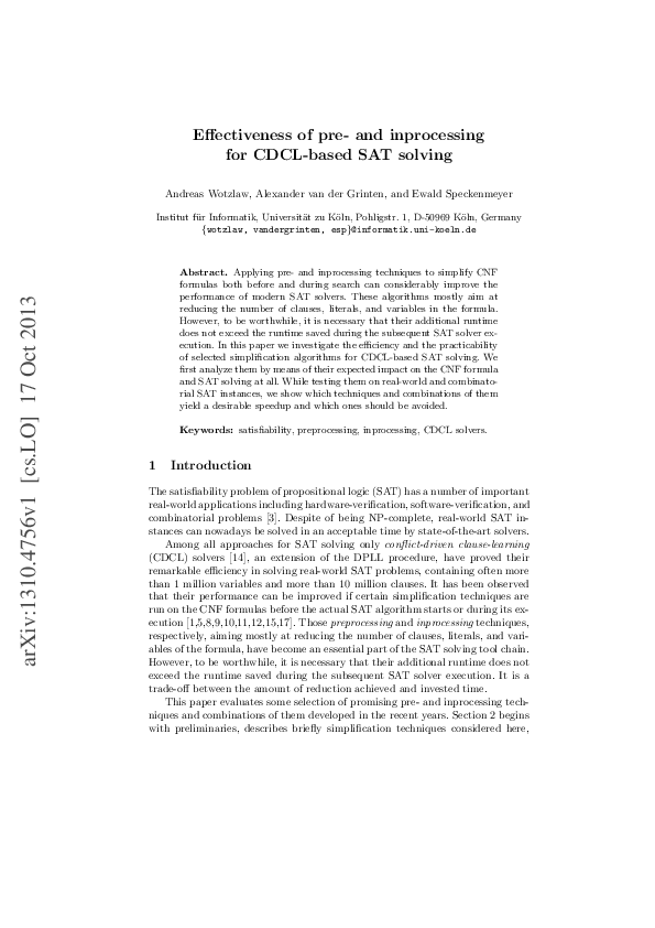 (PDF) Effectiveness of pre- and inprocessing for CDCL-based SAT solving