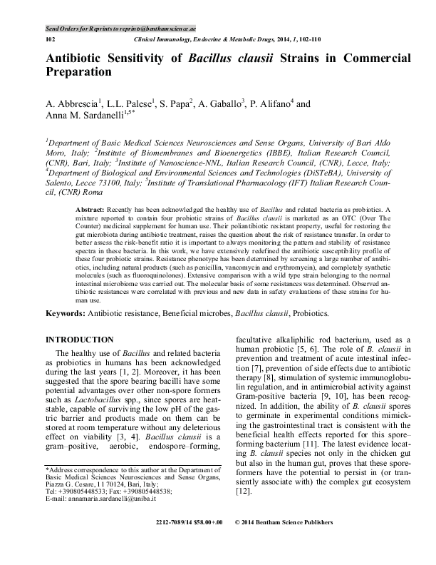 (PDF) Antibiotic Sensitivity of Bacillus clausii Strains in Commercial ...