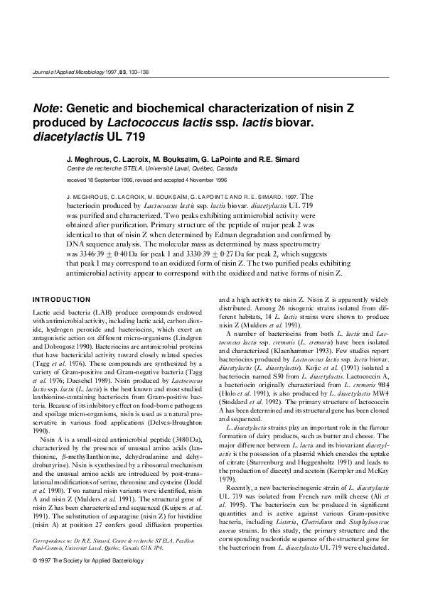 Pdf Note Genetic And Biochemical Characterization Of Nisin Z Produced By Lactococcus Lactis