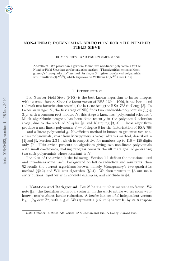 (PDF) Non-linear polynomial selection for the number field sieve