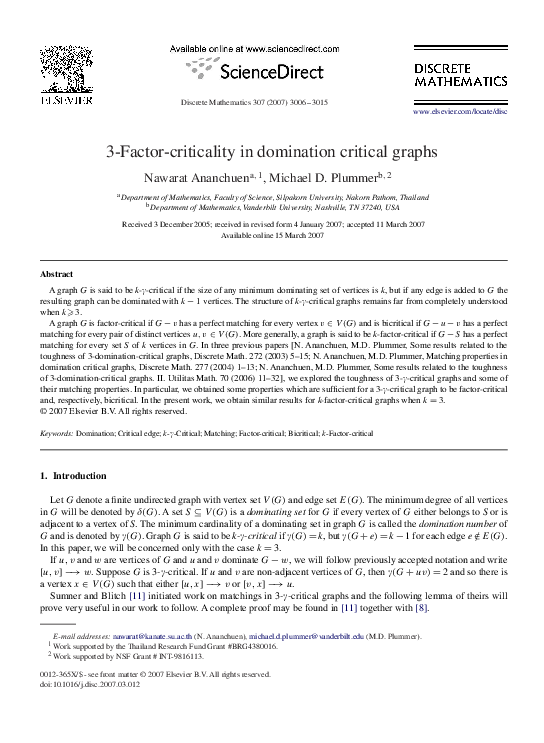 (PDF) 3-Factor-criticality in domination critical graphs