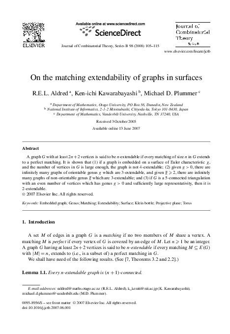 (PDF) On the matching extendability of graphs in surfaces