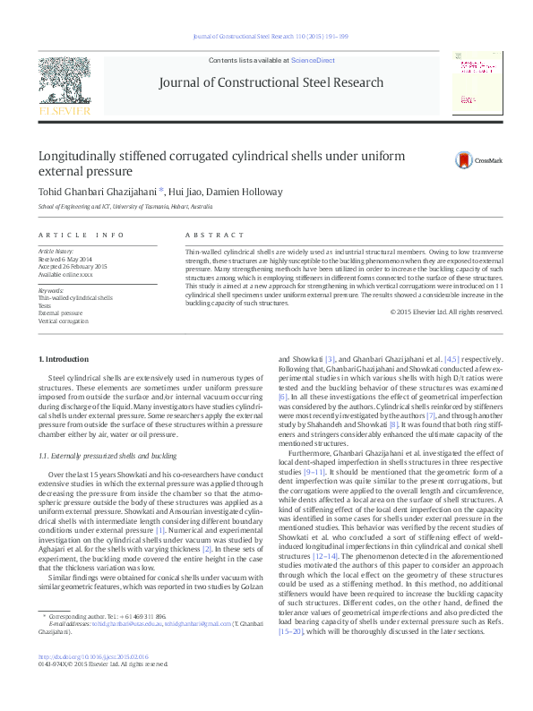 (PDF) Longitudinally stiffened corrugated cylindrical shells under uniform external pressure ...