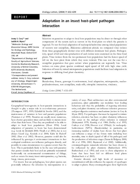 (PDF) Adaptation in an insect host-plant pathogen interaction