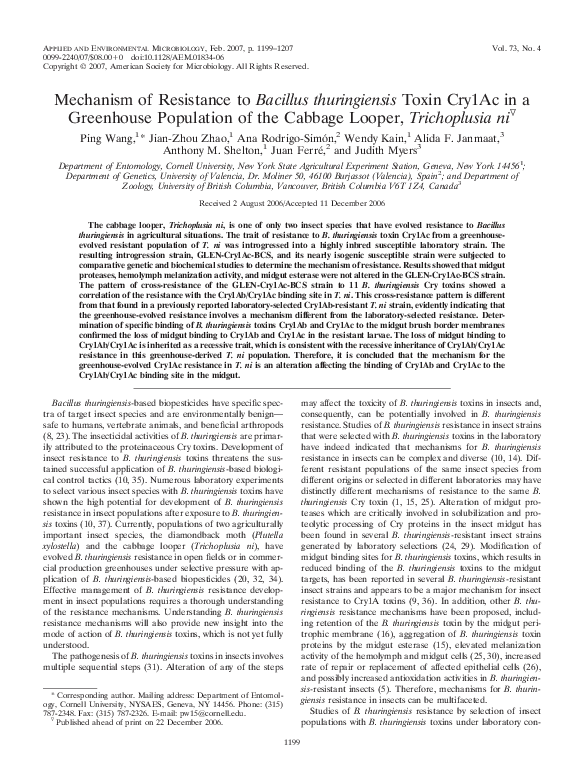 (PDF) Mechanism of Resistance to Bacillus thuringiensis Toxin Cry1Ac in a Greenhouse Population ...