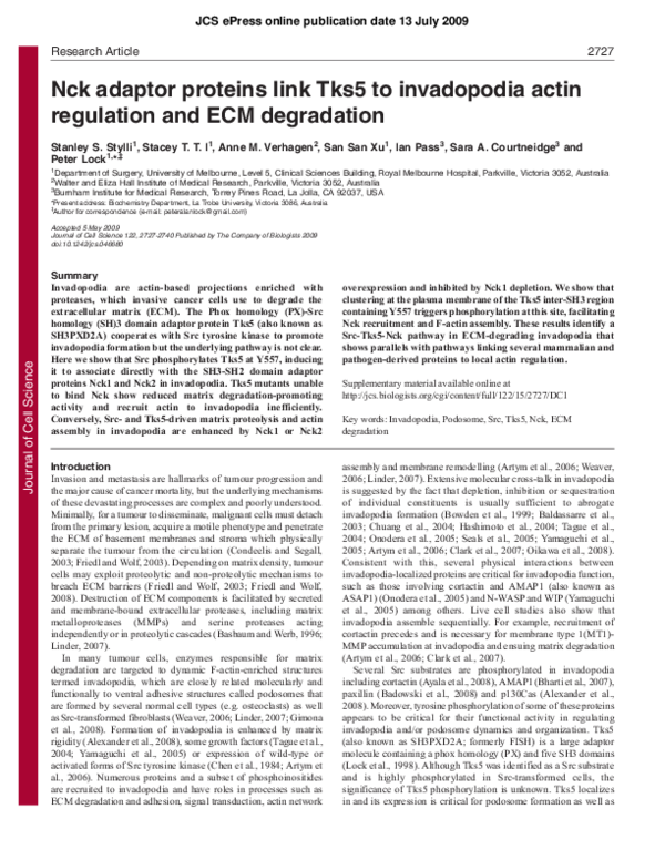 (PDF) Nck adaptor proteins link Tks5 to invadopodia actin regulation ...