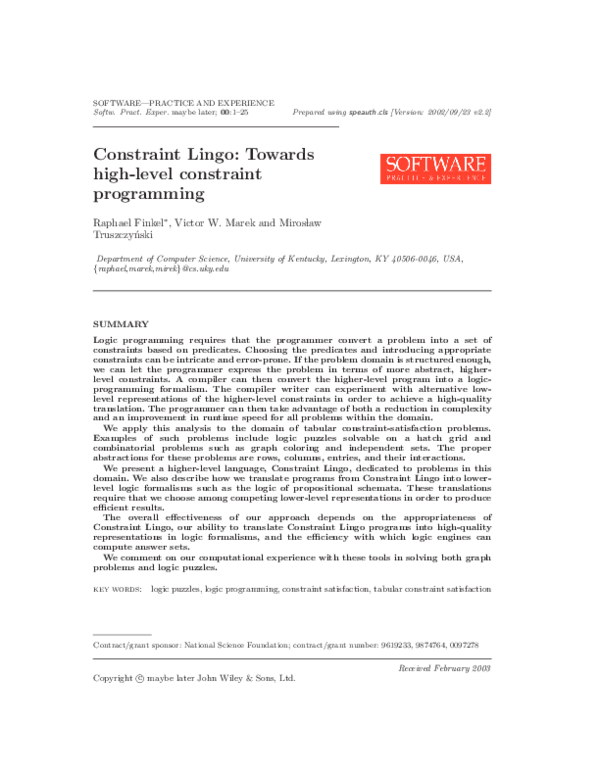 (PDF) Constraint Lingo: towards high-level constraint programming | Raphael Finkel - Academia.edu
