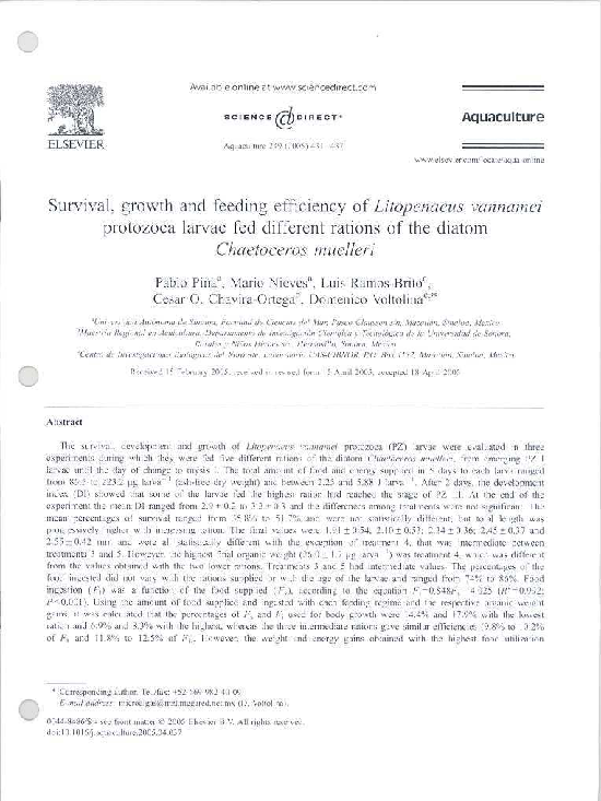 (PDF) Survival, growth and feeding efficiency of Litopenaeus vannamei protozoea larvae fed ...
