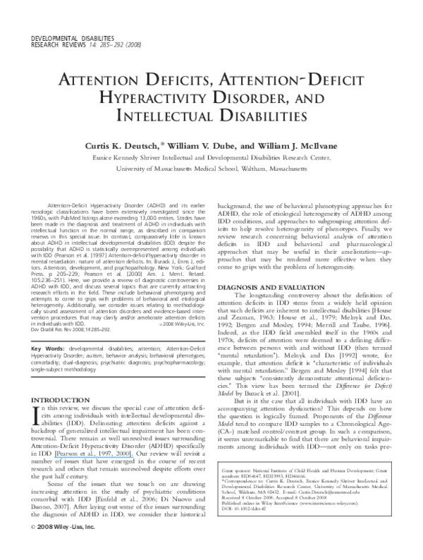 (PDF) Attention deficits, Attention-Deficit Hyperactivity Disorder, and intellectual disabilities