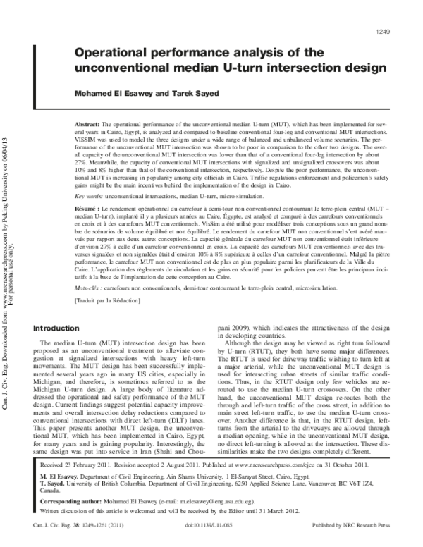 Pdf Operational Performance Analysis Of The Unconventional Median U Turn Intersection Design