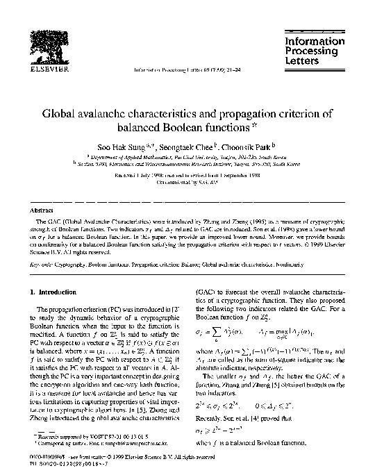 Pdf Global Avalanche Characteristics And Propagation Criterion Of Balanced Boolean Functions