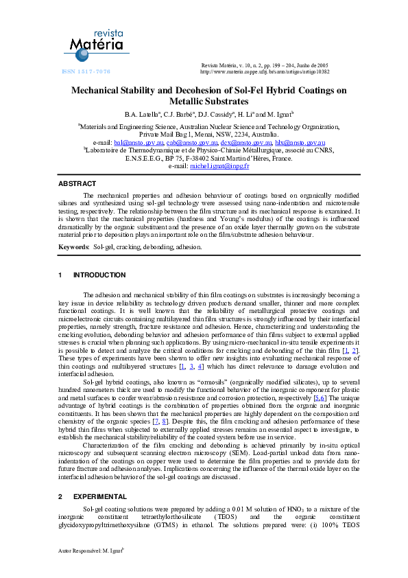 (PDF) Mechanical Stability and Decohesion of Sol-Fel Hybrid Coatings on ...