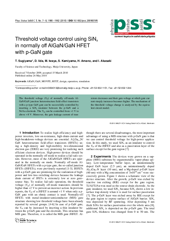 (PDF) Threshold voltage control using SiNx in normally off AlGaN/GaN HFET with p-GaN gate