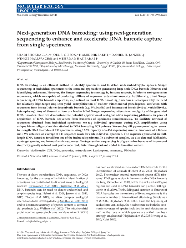Pdf Next Generation Dna Barcoding Using Next Generation Sequencing To Enhance And Accelerate