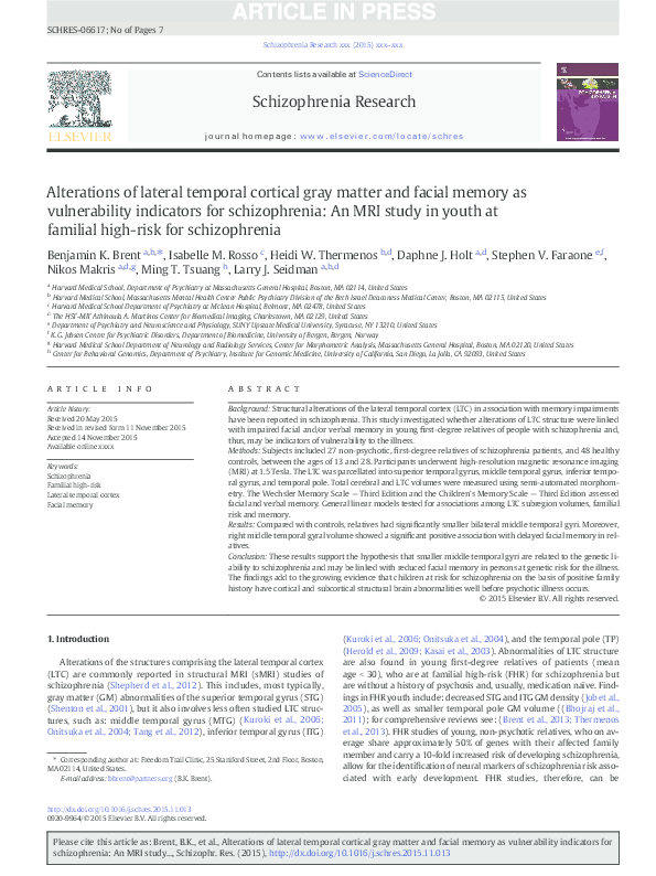 (PDF) Alterations of lateral temporal cortical gray matter and facial memory as vulnerability ...