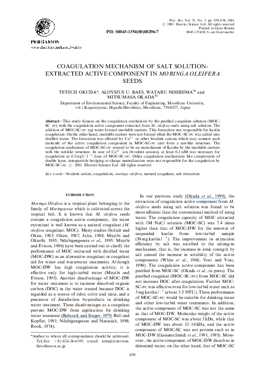 (PDF) Coagulation mechanism of salt solution-extracted active component in Moringa oleifera seeds