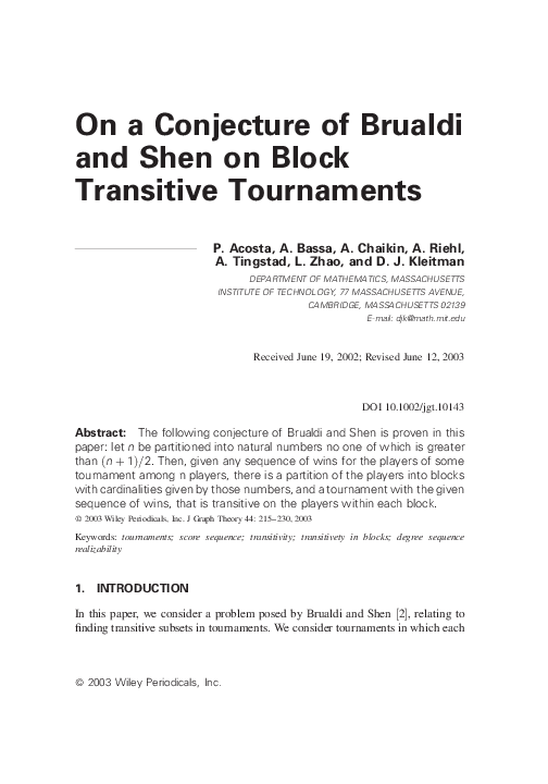 (PDF) On a conjecture of Brualdi and Shen on block transitive tournaments
