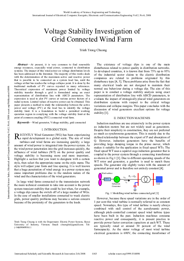 (PDF) Voltage Stability Investigation of Grid Connected Wind Farm