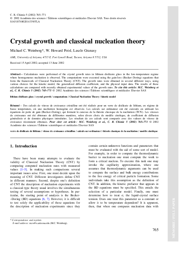 (PDF) Crystal growth and classical nucleation theory
