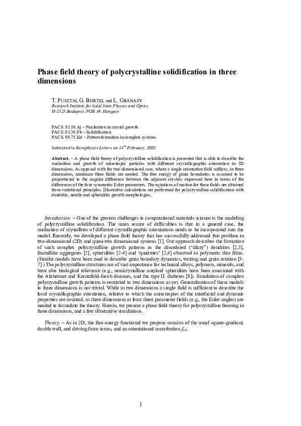 (PDF) Phase field theory of polycrystalline solidification in three ...