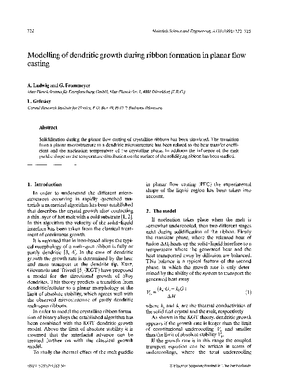 (PDF) Modelling of dendritic growth during ribbon formation in planar ...