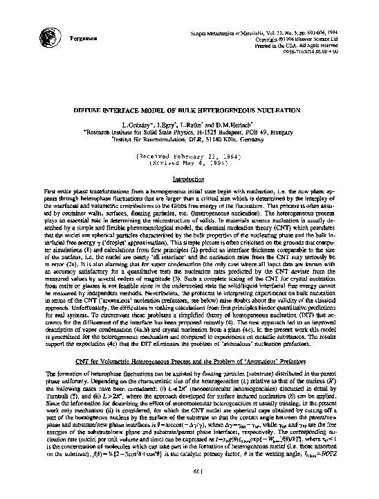 (PDF) Diffuse interface model of bulk heterogeneous nucleation