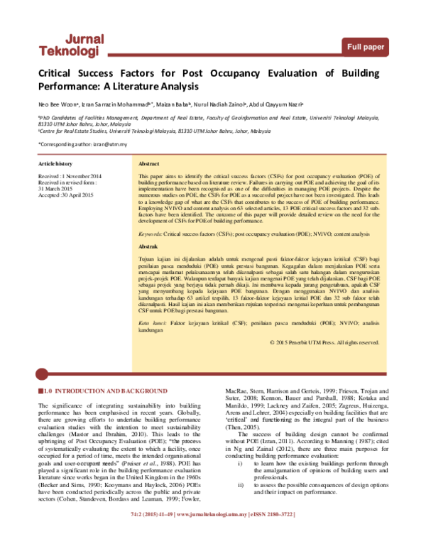(PDF) Critical Success Factors for Post Occupancy Evaluation of ...