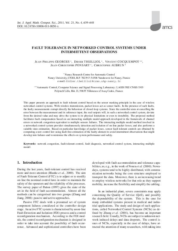 (PDF) Fault tolerance in networked control systems under intermittent observations | Vincent ...